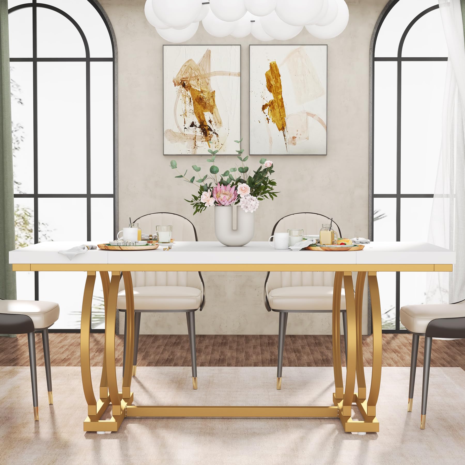 Tribesigns Modern Dining Table, 70.9 inches Wood Dinner Room Table for 6-8 People, Rectangular Kitchen Table with Gold Metal Circular Base for Kitchen, Dining Room, Living Room, White & Gold