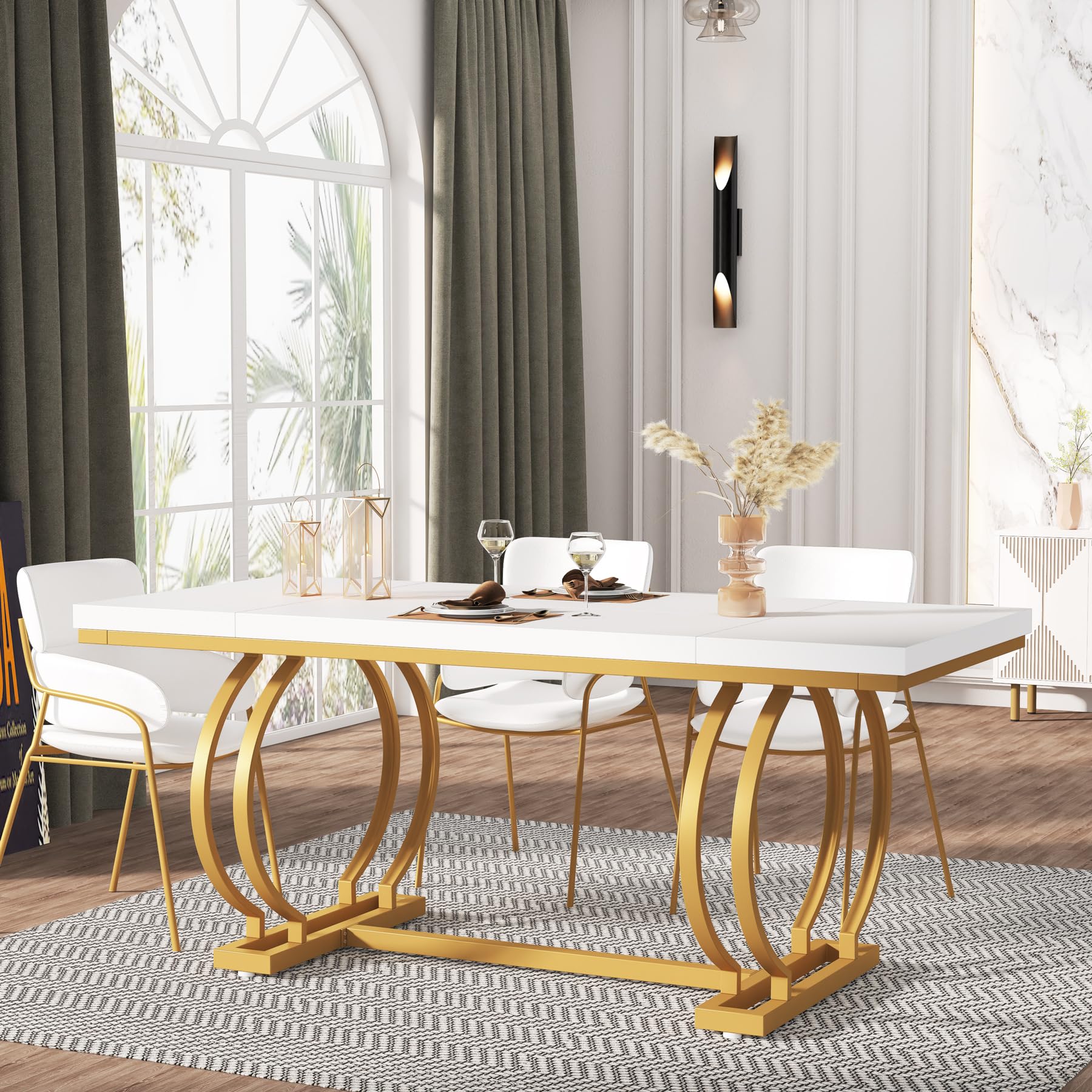 Tribesigns Modern Dining Table, 70.9 inches Wood Dinner Room Table for 6-8 People, Rectangular Kitchen Table with Gold Metal Circular Base for Kitchen, Dining Room, Living Room, White & Gold
