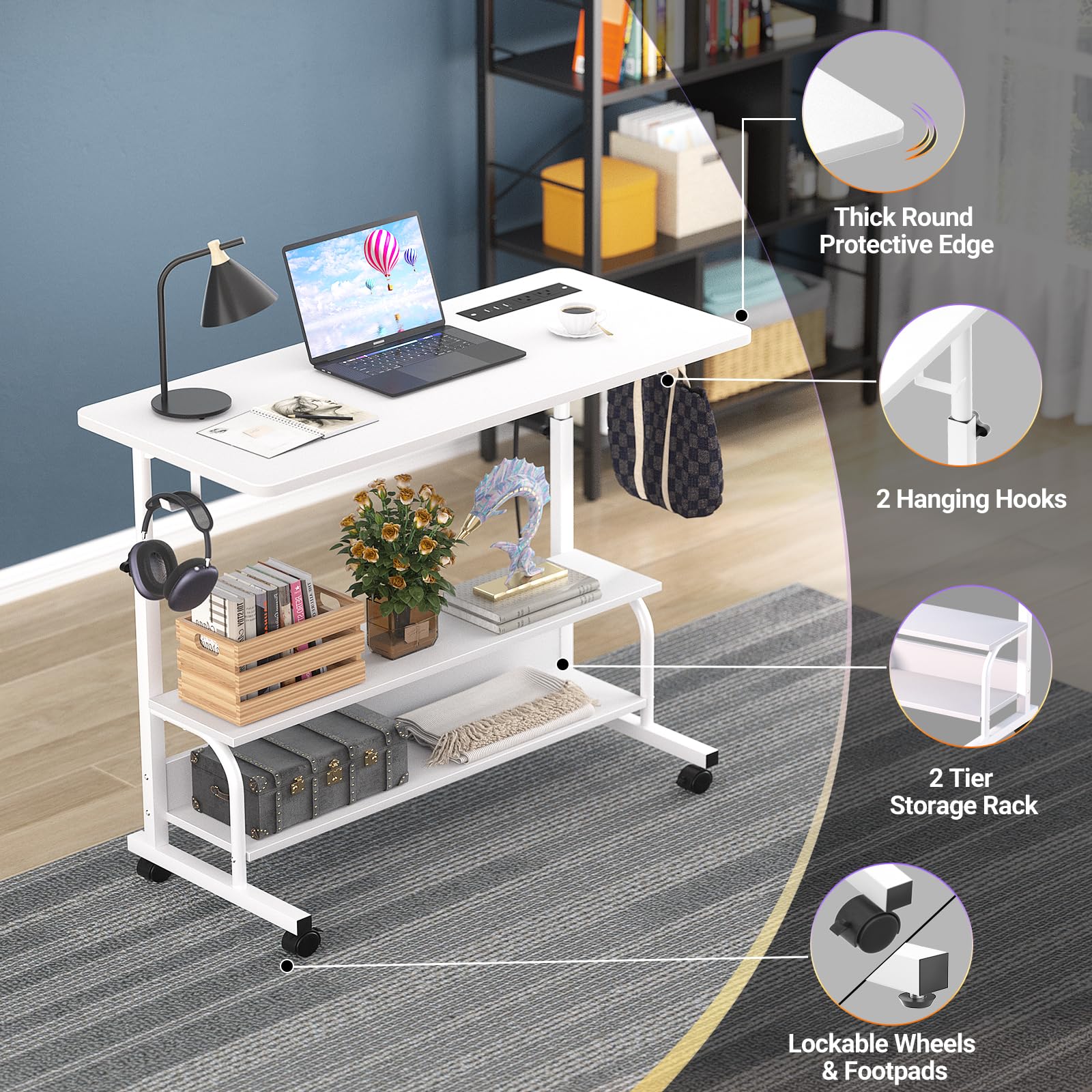 armocity Height Adjustable Standing Desk with Power Outlets, White