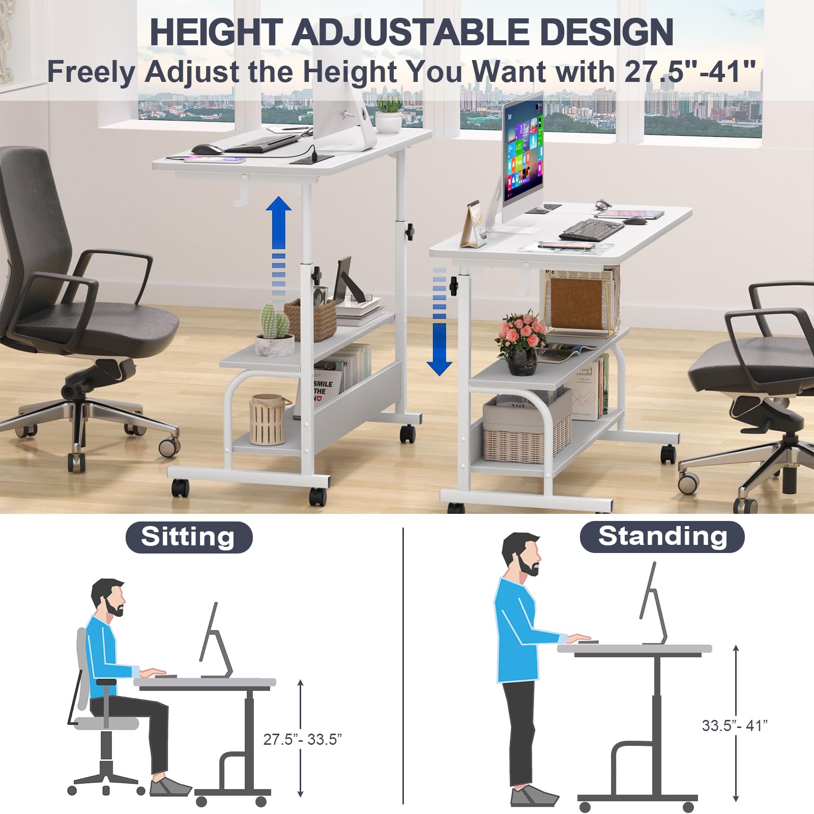 armocity Height Adjustable Standing Desk with Power Outlets, White