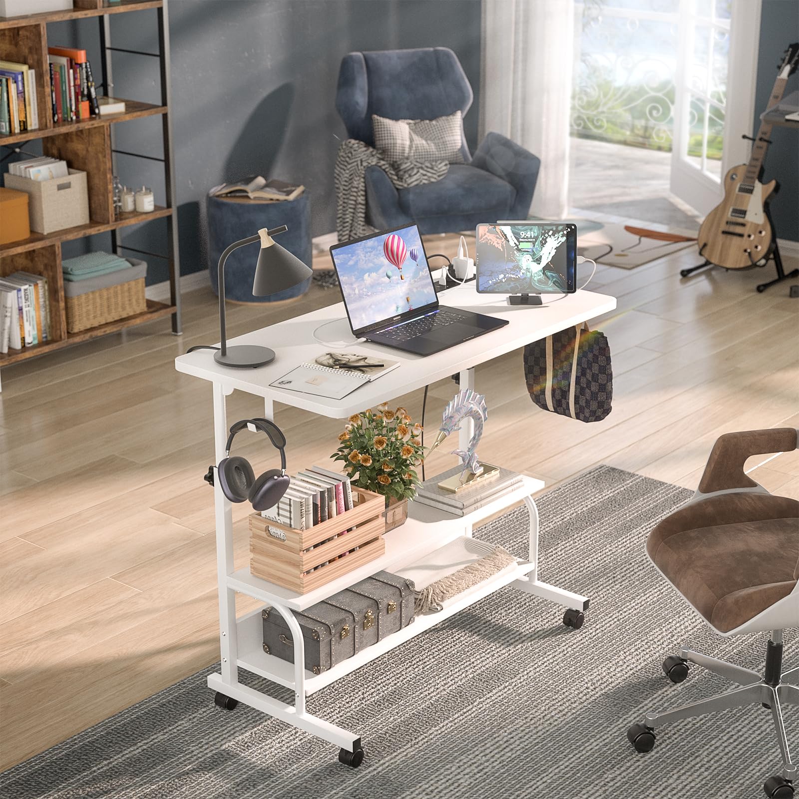 armocity Height Adjustable Standing Desk with Power Outlets, White