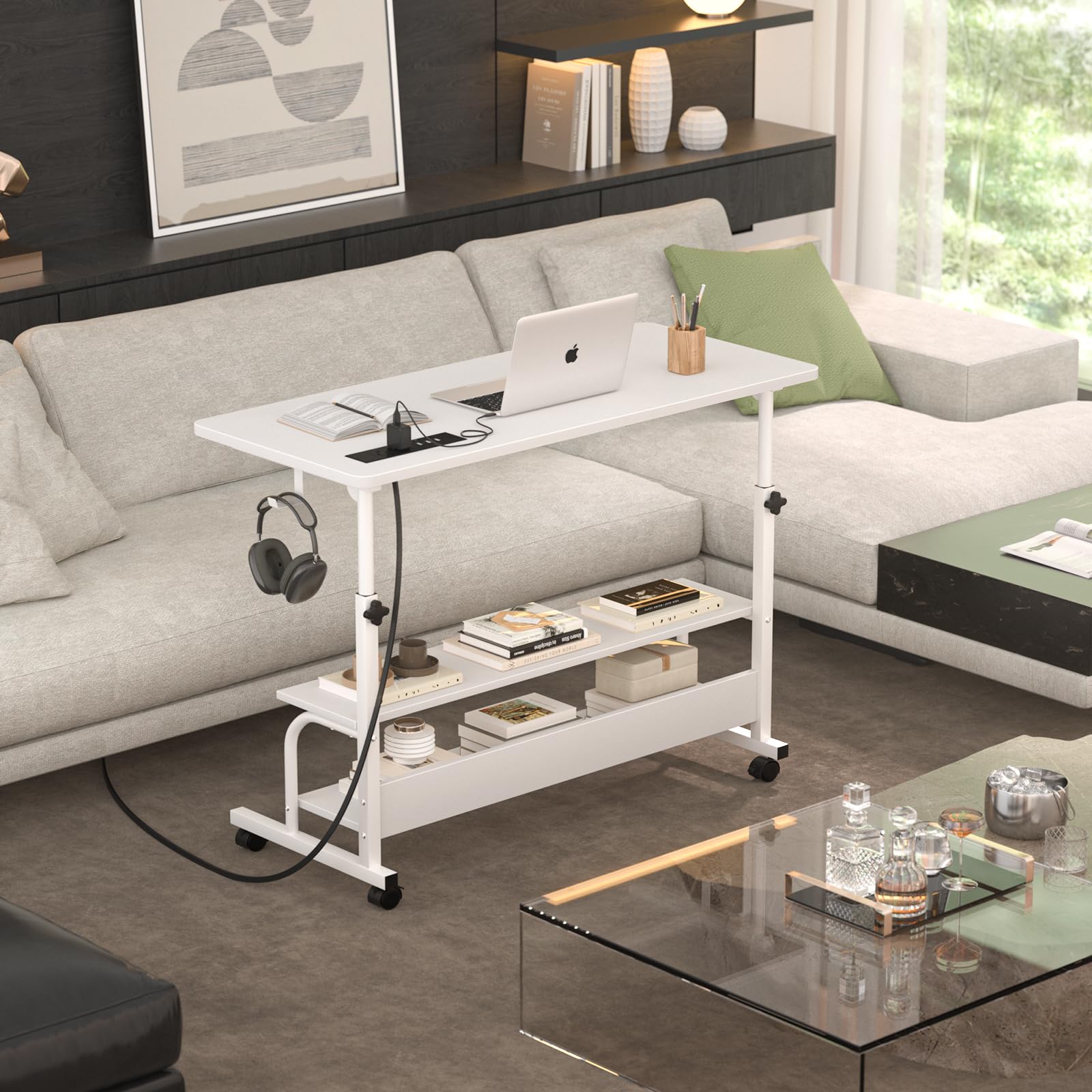 armocity Height Adjustable Standing Desk with Power Outlets, White