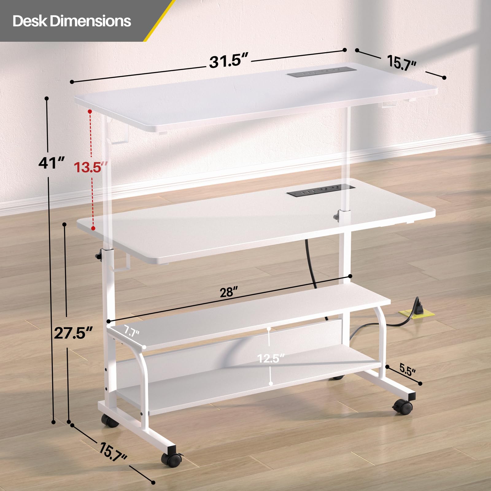 armocity Height Adjustable Standing Desk with Power Outlets, White