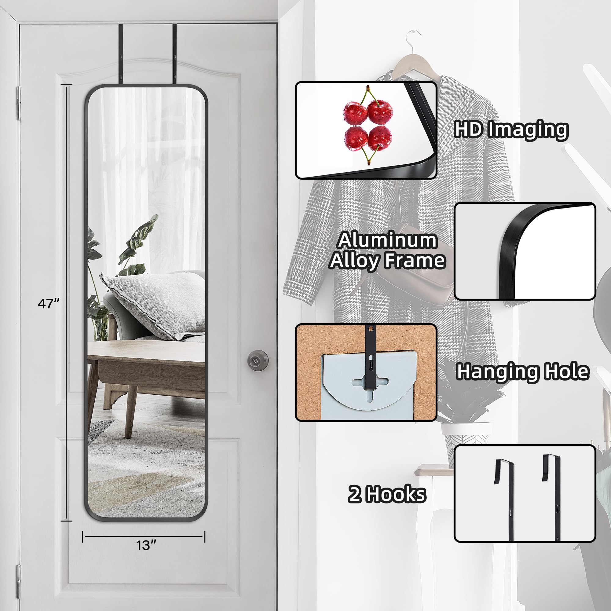 Minuover 47" x 13" Black Over The Door Hanging Mirror, Brushed Metal Frame with Rounded Corner Dressing Rectangle Mirror for Bathroom, Bedroom, Living Room