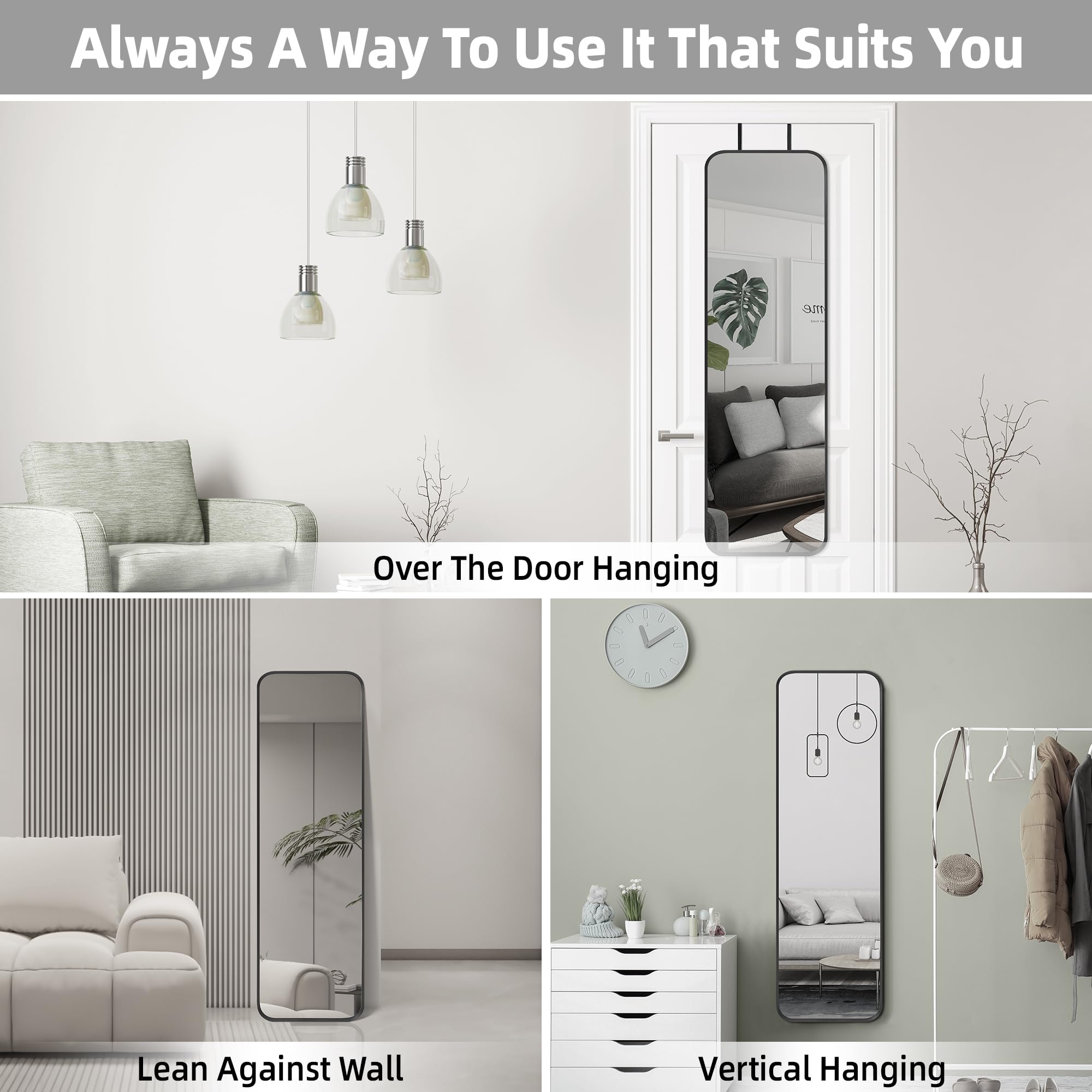 Minuover 47" x 13" Black Over The Door Hanging Mirror, Brushed Metal Frame with Rounded Corner Dressing Rectangle Mirror for Bathroom, Bedroom, Living Room