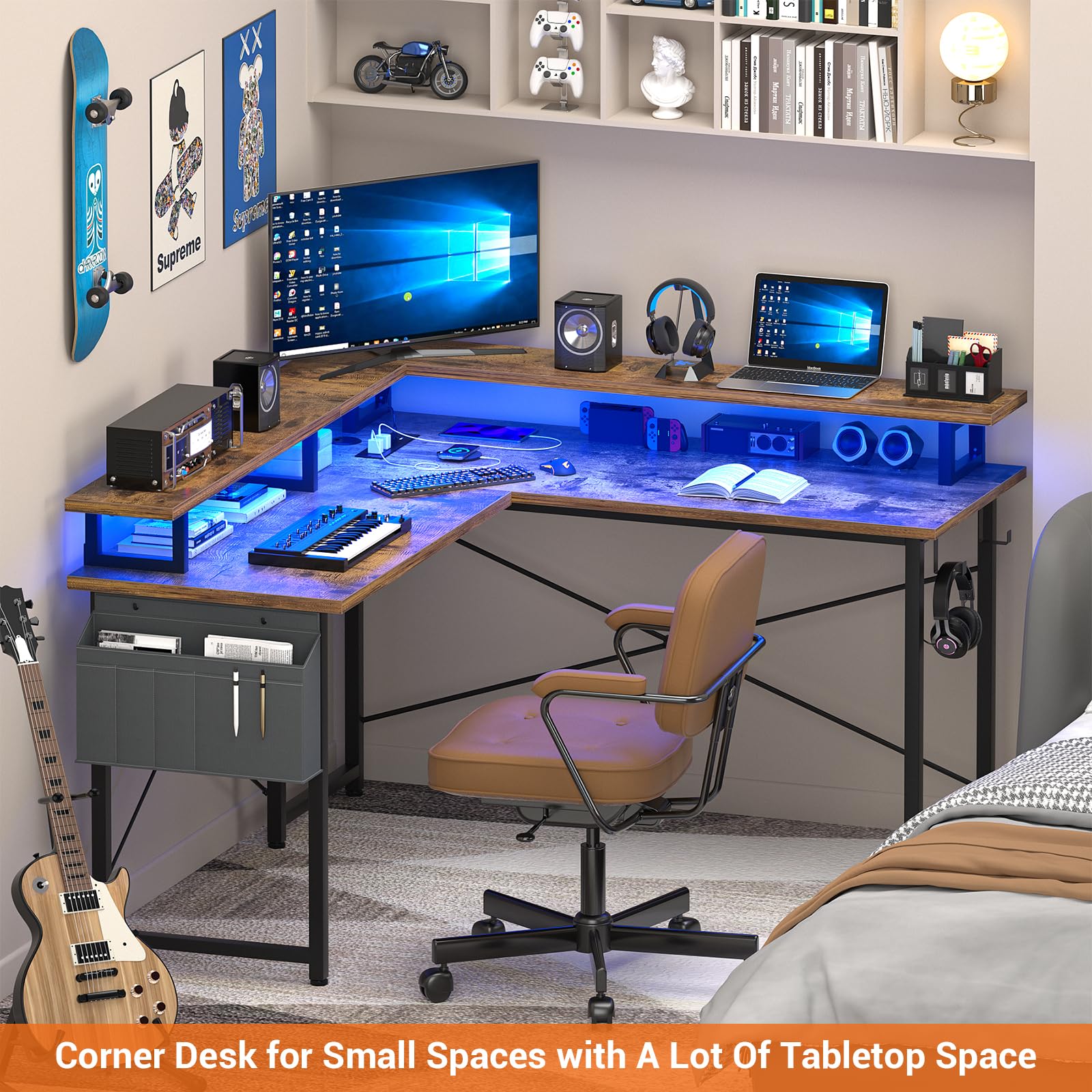 armocity L Shaped Computer Desk with Power Outlets, Gaming LED Lights, Corner Storage Shelves, Work Study for Bedroom, Home Office, Small Spaces, 47'', Rustic Brown