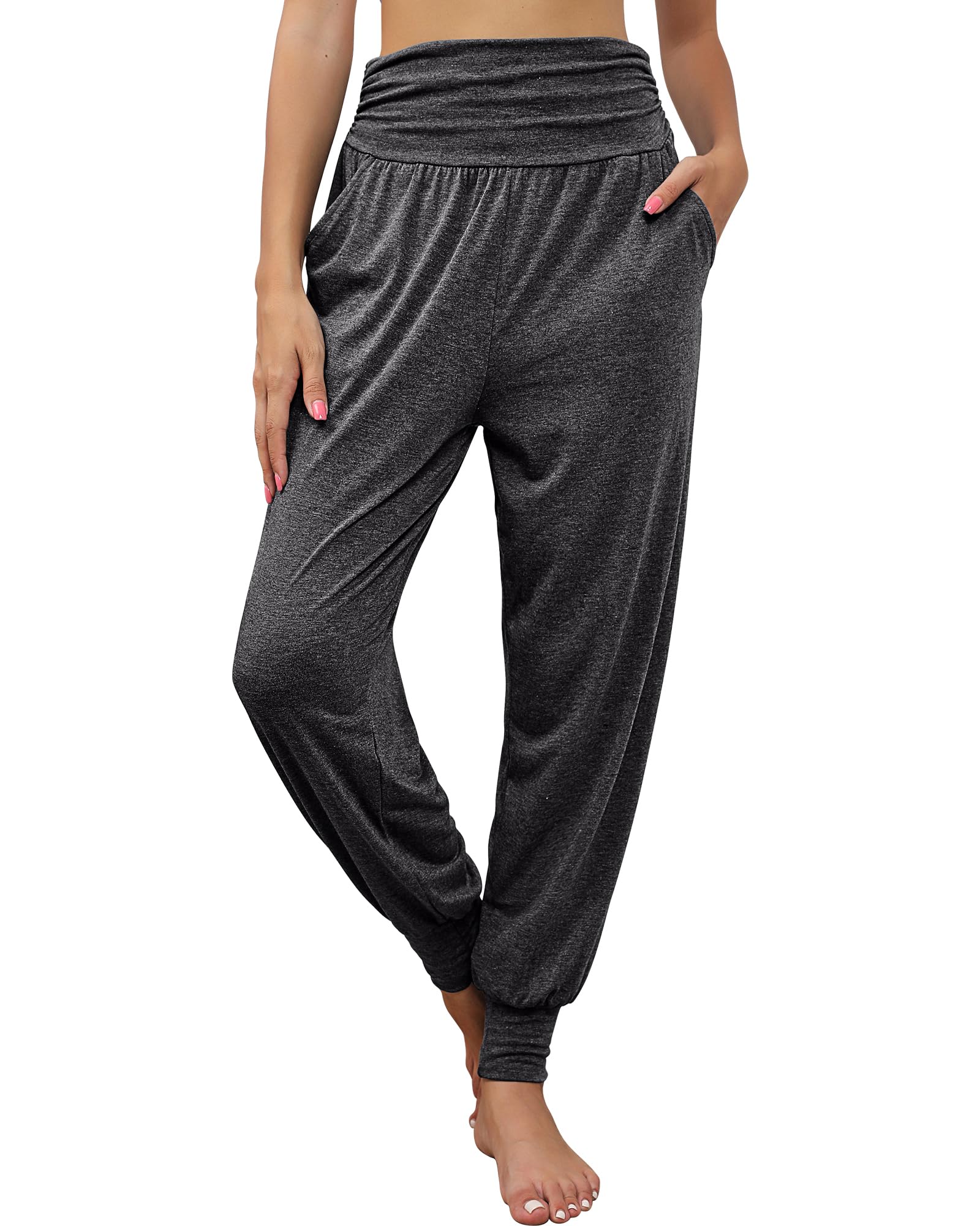 Locoowai 2 Pack Women's Yoga Joggers, Cozy Sweatpants with Pockets Casual Loose Comfy High Waisted Lounge Pants (Black, Dark Gray,Large)