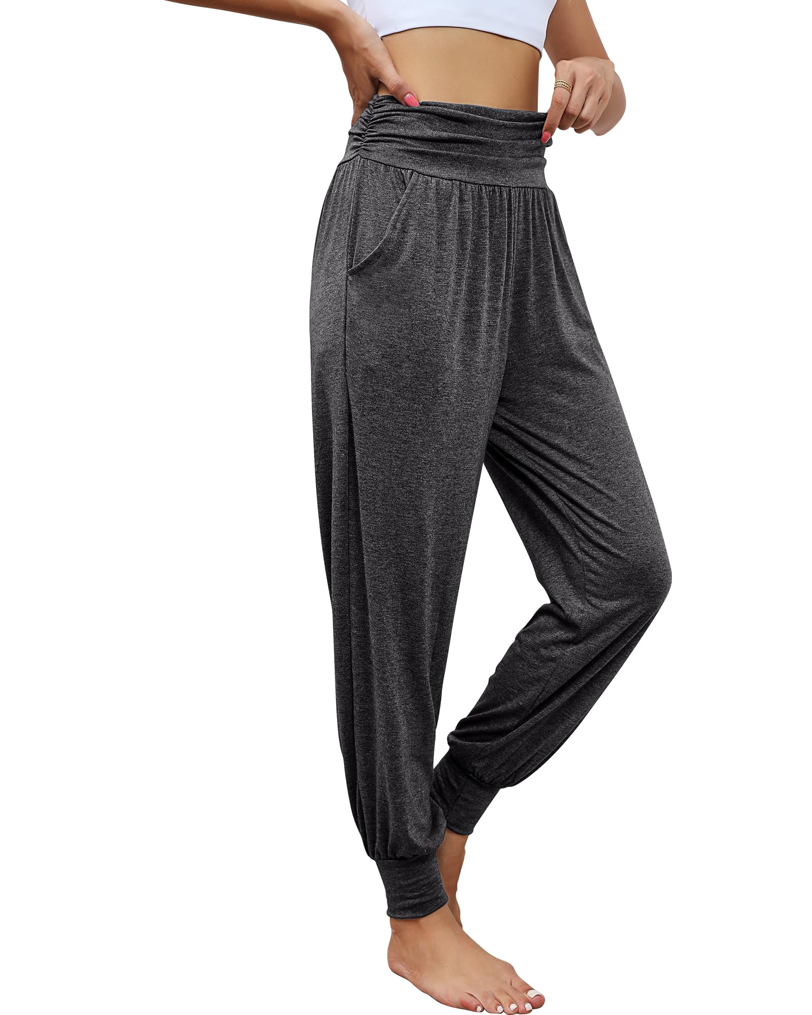 Locoowai 2 Pack Women's Yoga Joggers, Cozy Sweatpants with Pockets Casual Loose Comfy High Waisted Lounge Pants (Black, Dark Gray,Large)
