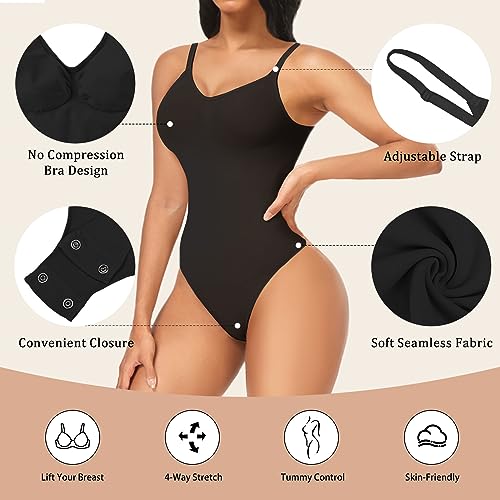 Yefecy Black Shapewear Bodysuit for Women, Low Back Thong Body Suit Seamless Bodysuit Tummy Control