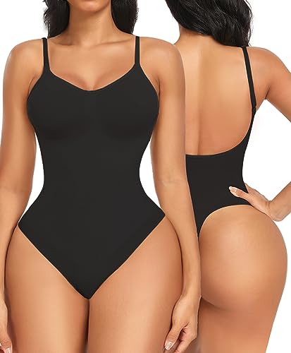 Yefecy Black Shapewear Bodysuit for Women, Low Back Thong Body Suit Seamless Bodysuit Tummy Control