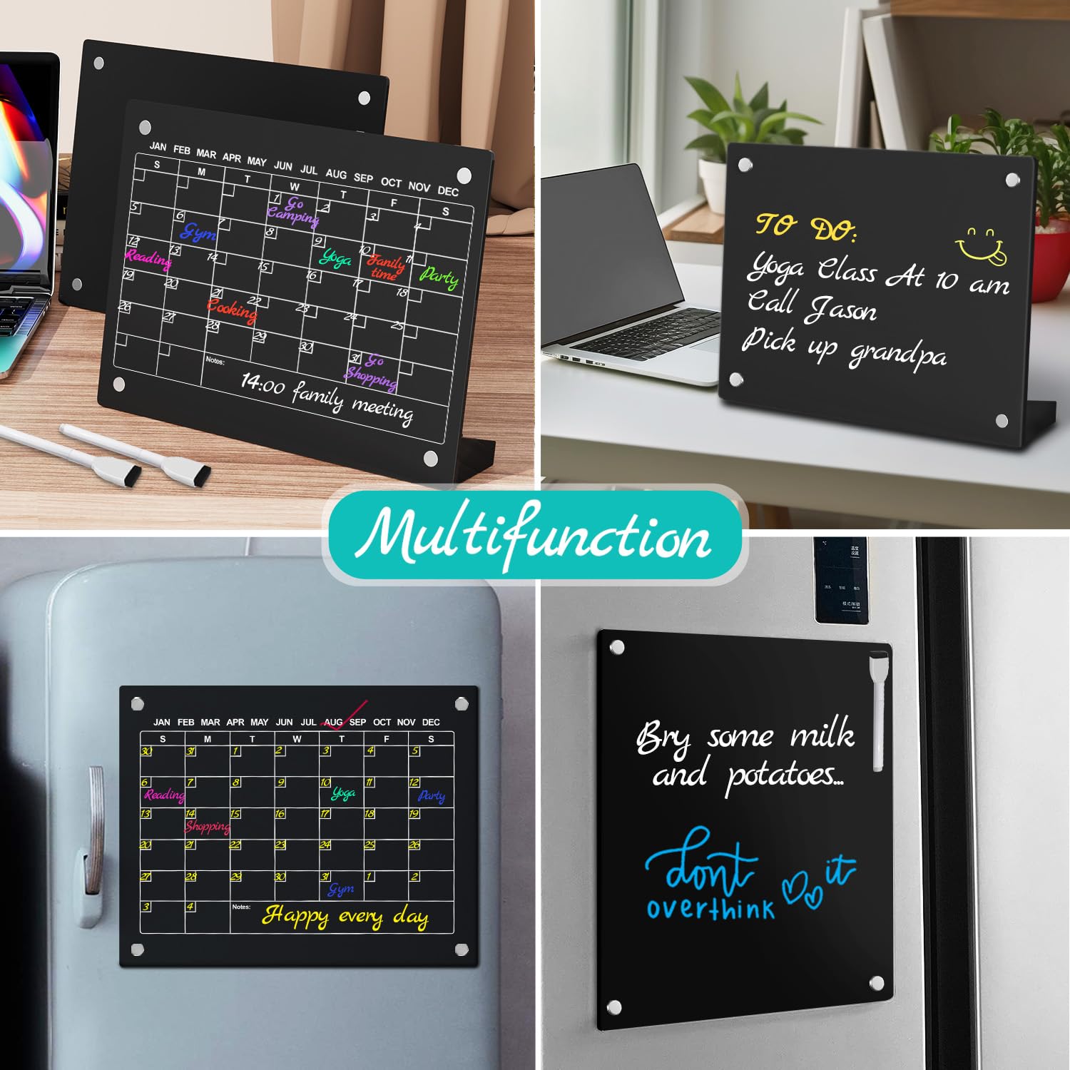 2PCS Black Acrylic Dry Erase Board with Stand for Desk, 16x12 Large Desktop Monthly Whiteboard Magnetic Fridge Calendar Memo Board, Daily Planner Blackboard Easel for Office, School