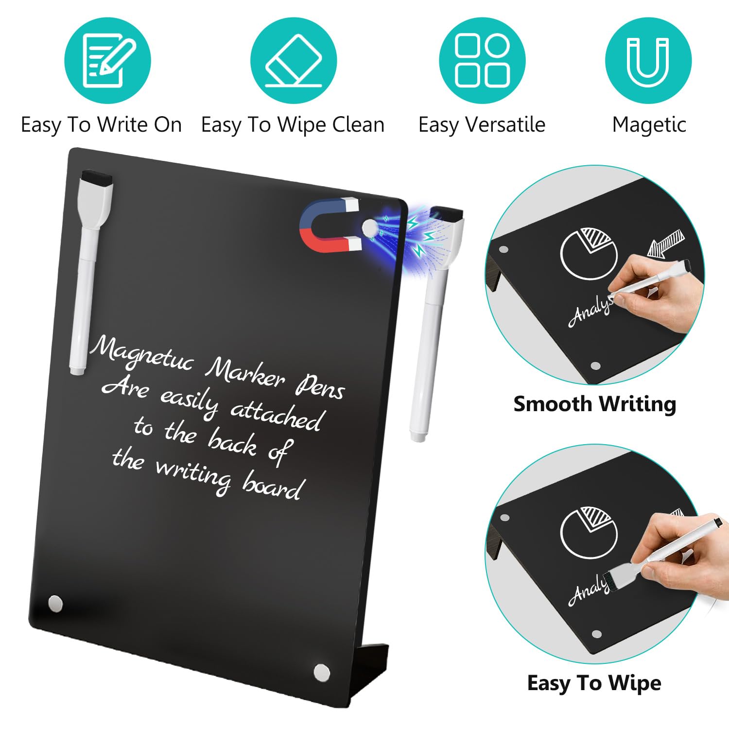 2PCS Black Acrylic Dry Erase Board with Stand for Desk, 16x12 Large Desktop Monthly Whiteboard Magnetic Fridge Calendar Memo Board, Daily Planner Blackboard Easel for Office, School