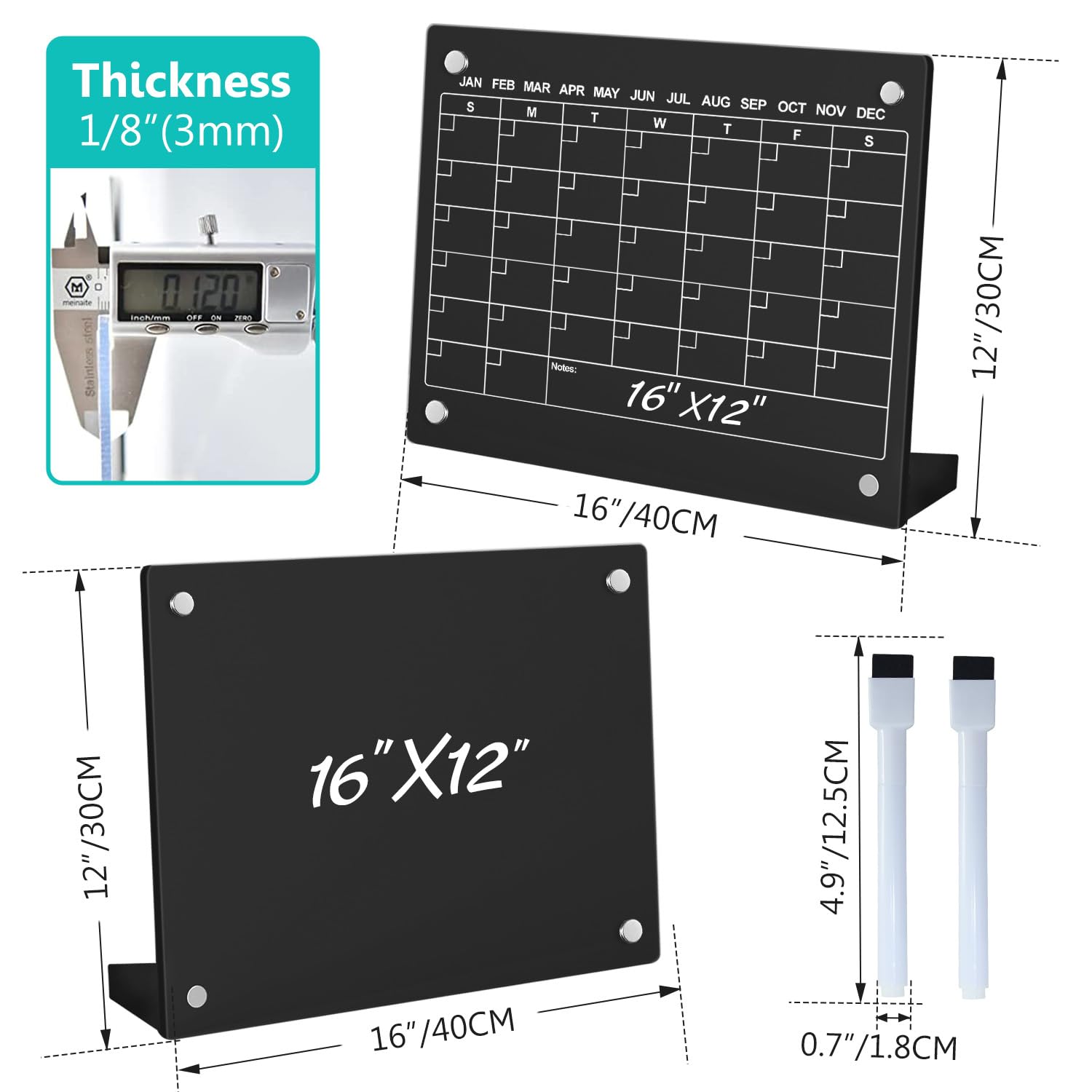 2PCS Black Acrylic Dry Erase Board with Stand for Desk, 16x12 Large Desktop Monthly Whiteboard Magnetic Fridge Calendar Memo Board, Daily Planner Blackboard Easel for Office, School