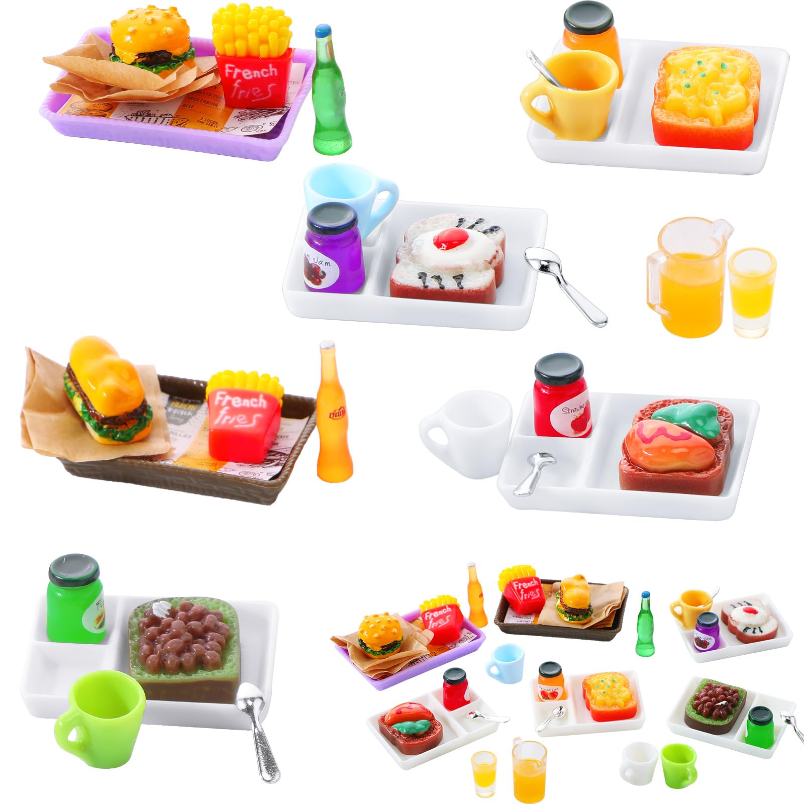 38 Pcs Miniature Food Toy Miniature Doll House Accessories Miniature Play Sets Small Doll Food Dollhouse Food, Hamburger Fries Soda Milk Juice Fast Food Set for Pretend Play Kitchen (Cute Style)