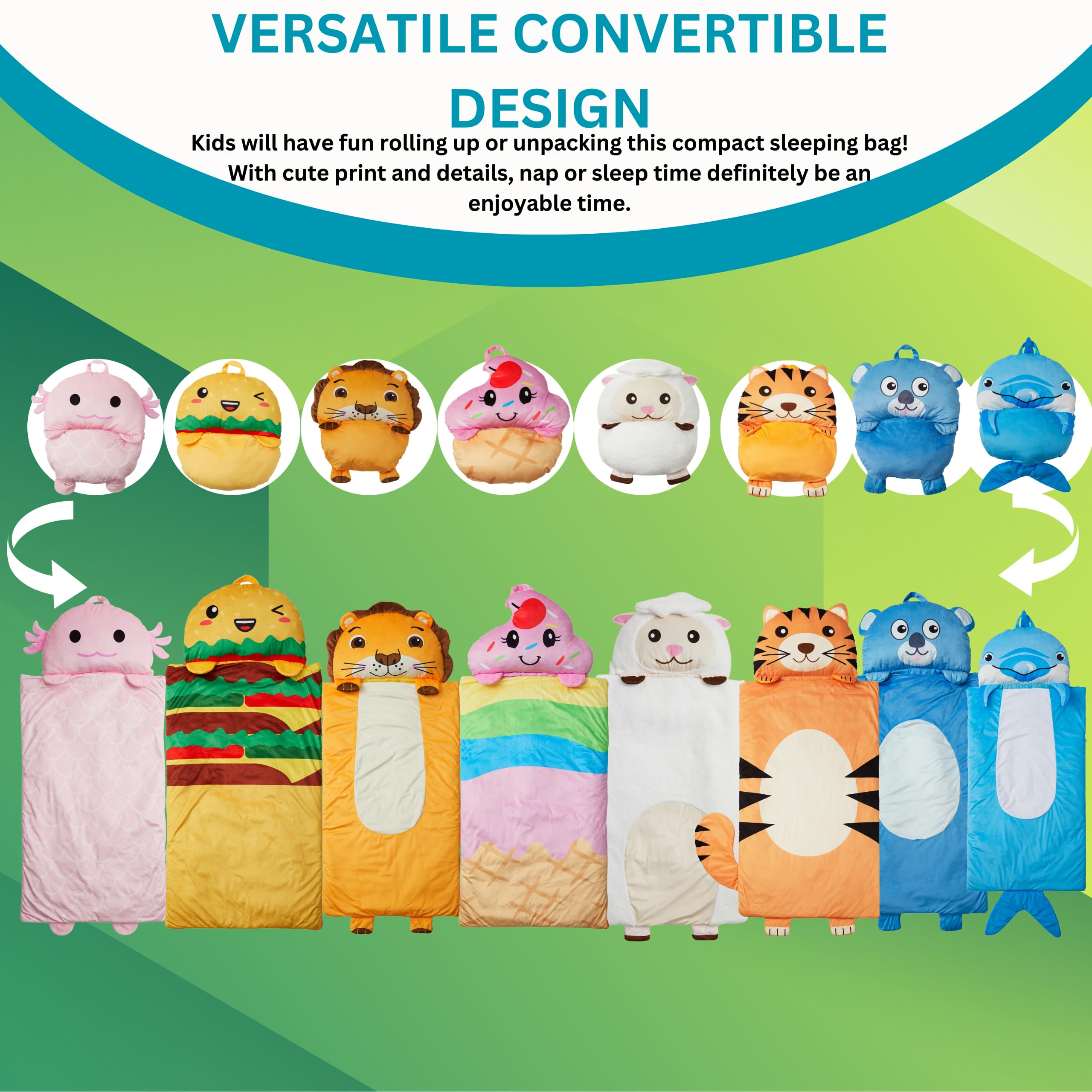 Nap Buddy Sleeping Bag for Kids, Convertible Sleeping Bag for Boys and Girls, Oeko TEX Certified, Travel Sleeper for Children, Axolotl