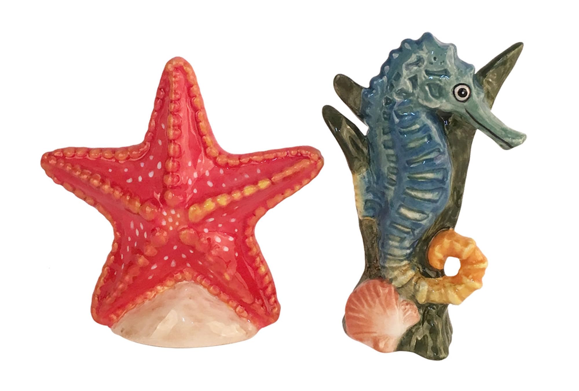 Blue Sky Clayworks Coastal Starfish and Sea Horse Salt and Pepper Set, 6-inch Length, Kitchen Accessories