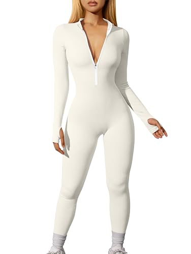 OQQ Women Yoga Jumpsuits Workout Ribbed Long Sleeve Zip Front Sport Jumpsuits Beige