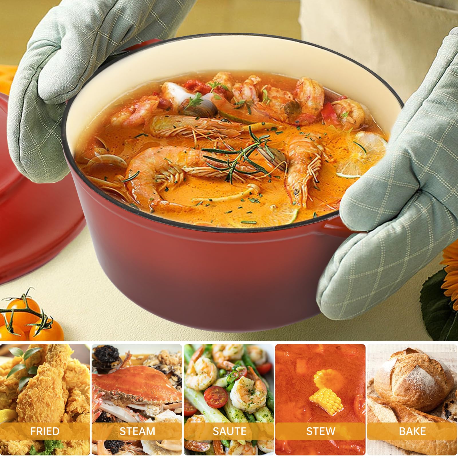 Gacuray 4.5Qt Enameled Cast Iron Dutch Oven Pot with Lidnd Dual Handles Heavy Duty Non-Stick Red