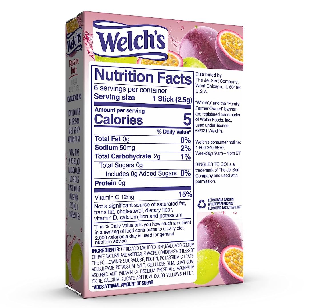 Welch's Singles To Go Drink Mix Passion Fruit, 6 Boxes (36 Servings)
