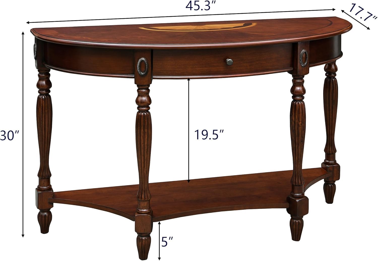 Solid Wood Semi-Circle Sofa Table with Drawer, 45.3" Traditional Living Room Console Table with Open Bottom Shelf 2-Tier Vintage Elliptical Entry Table for Home Office,Cherry Walnut SFZ1533