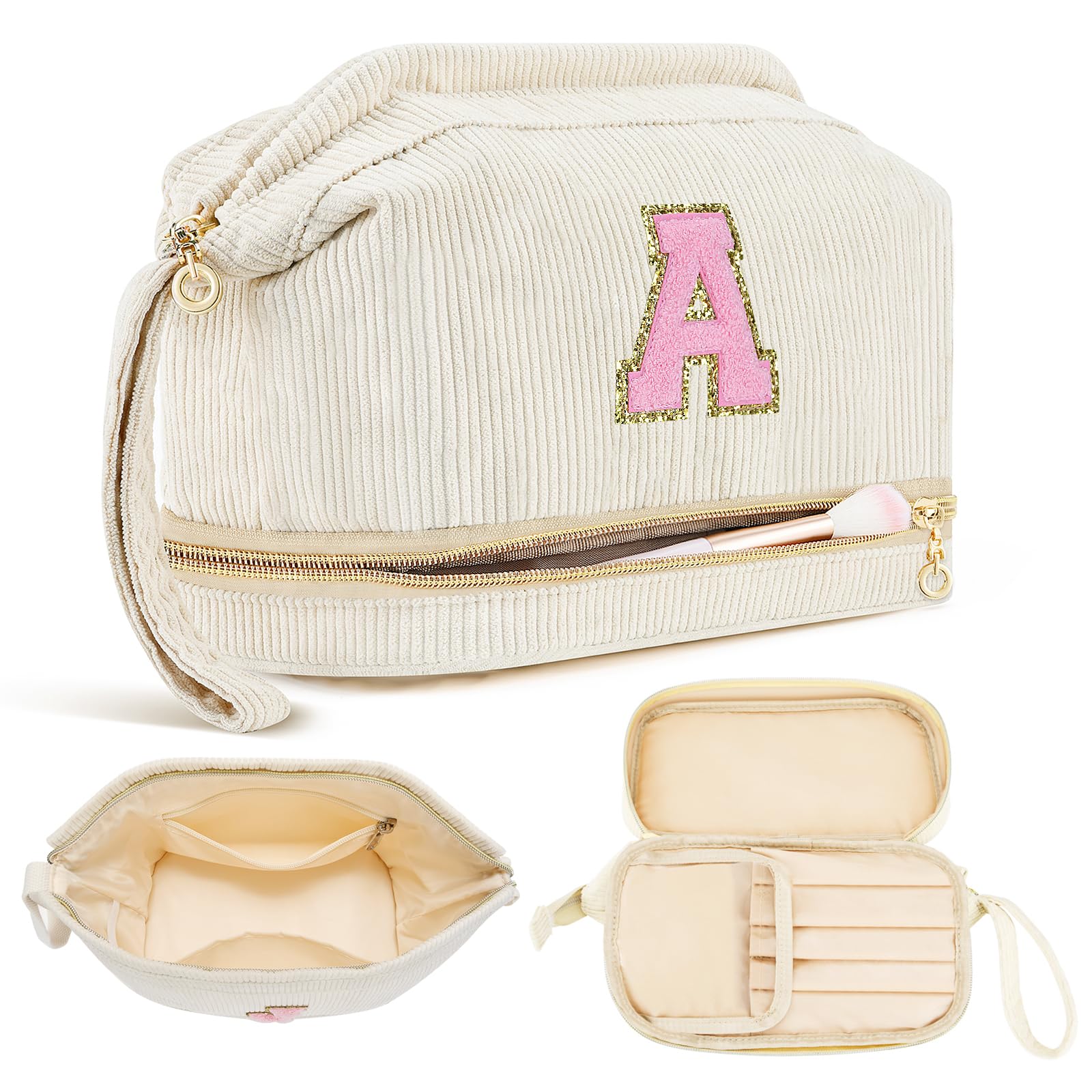 Birthday Gifts for Girls, Personalized Initial Women Makeup Bag, Travel Make up Bag Cosmetic Case Preppy Stuff Bags for Girlfriend Wife Teacher 18th Birthday Gifts for Girls Teen Girl Gift Trendy - A