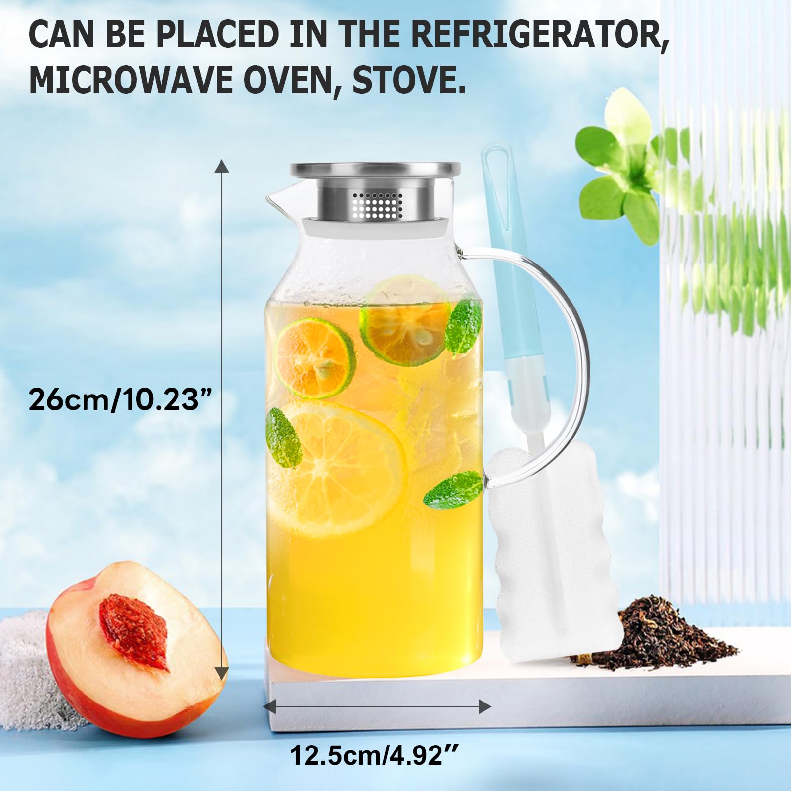 Yirilan Glass Pitcher, 2.6 Liter Water Pitcher with Lid, Large Juice Pitchers for Drinks, Glass Water Carafe, Glass Tea Jug, Beverage Pitcher