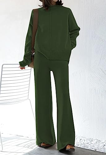 Pink Wind 2 Piece Outfits For Women Long Sleeve High Neck Sweatshirt Set Knitted Sweater Tracksuit Dark Green L