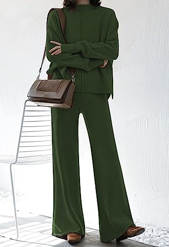 Pink Wind 2 Piece Outfits For Women Long Sleeve High Neck Sweatshirt Set Knitted Sweater Tracksuit Dark Green L