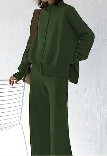Pink Wind 2 Piece Outfits For Women Long Sleeve High Neck Sweatshirt Set Knitted Sweater Tracksuit Dark Green L