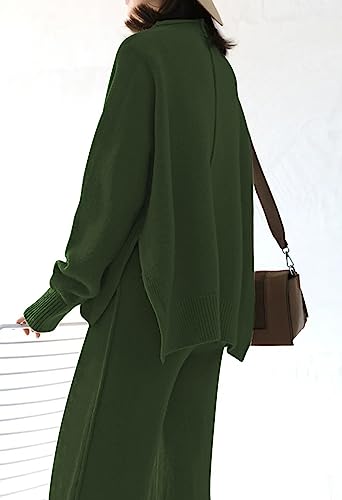 Pink Wind 2 Piece Outfits For Women Long Sleeve High Neck Sweatshirt Set Knitted Sweater Tracksuit Dark Green L