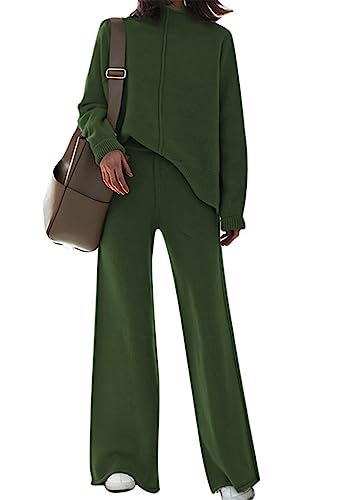 Pink Wind 2 Piece Outfits For Women Long Sleeve High Neck Sweatshirt Set Knitted Sweater Tracksuit Dark Green L