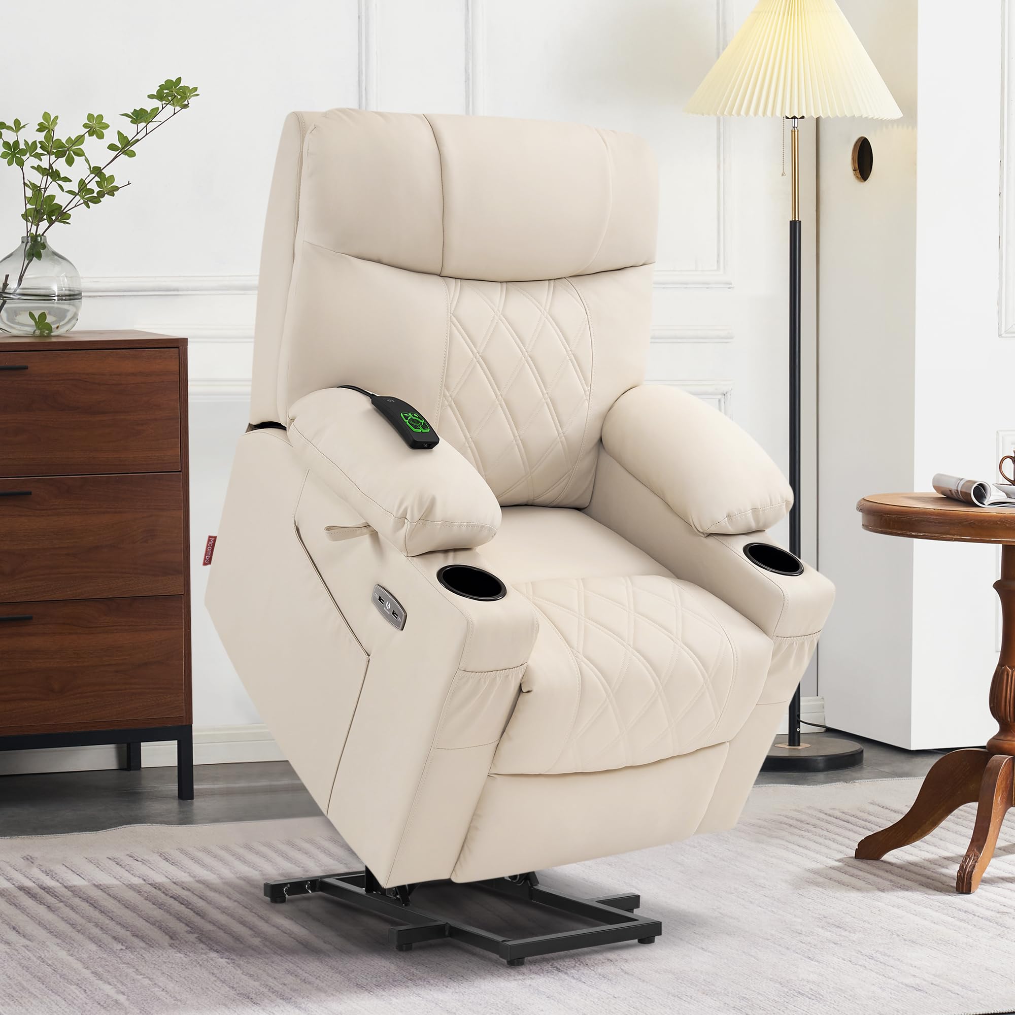 MCombo Small Power Lift Recliner Chair Sofa with Massage and Dual Heating, Adjustable Headrest for Elderly People Petite, USB Ports, Fabric 7111 (Single Motor, Cream White)