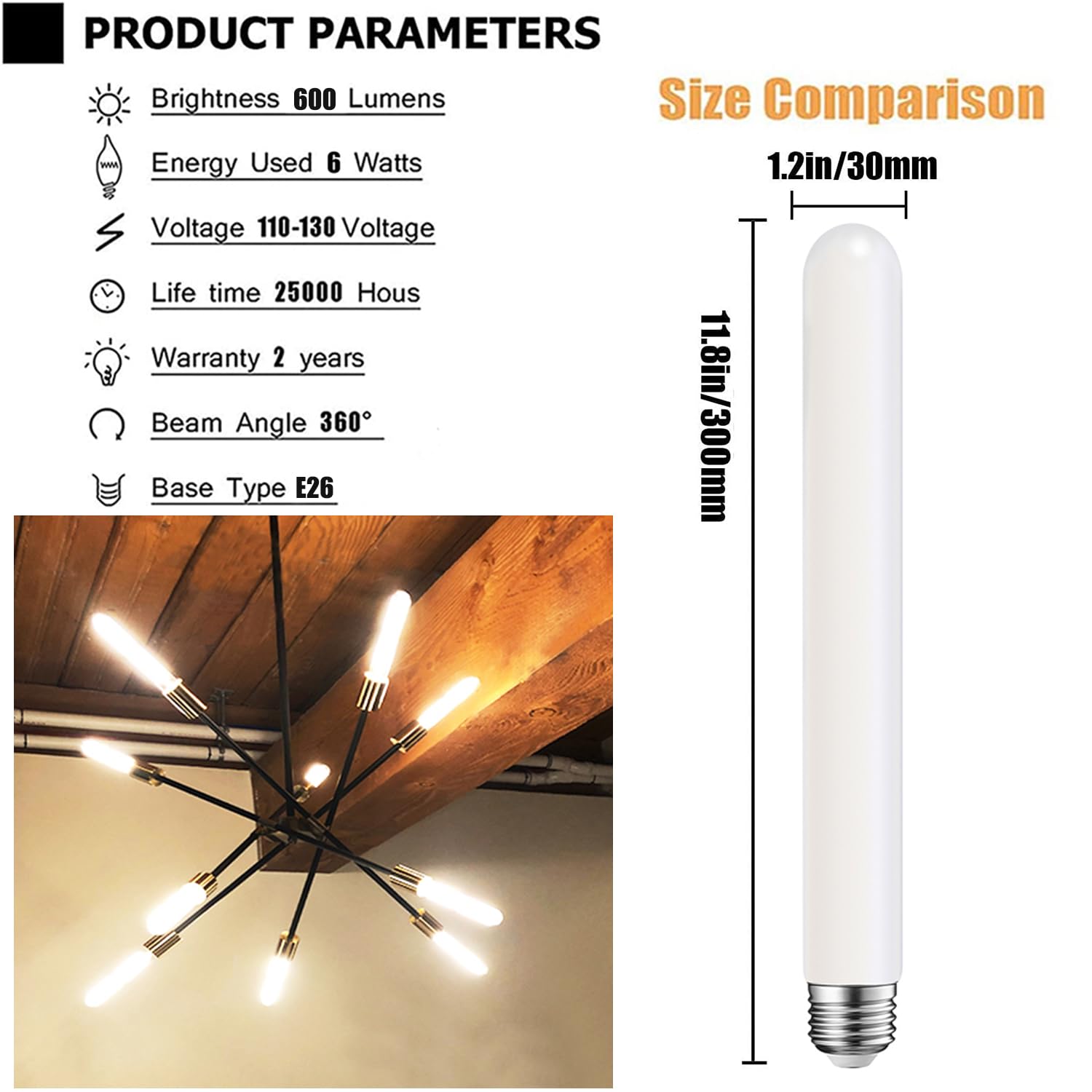 T10 LED Light Bulb 11.8inch E26 Base Matt Opal Porcelain Warm White 2700K Dimmable Edison 6W Led Tubular Bulb,500LM,60 Watt Equivalent,Outside Frosted Glass,for Cabinet Display Cabinet etc,4 Pack.
