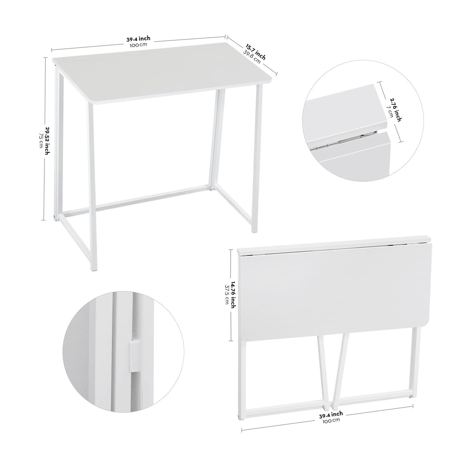 WOHOMO Folding Desk, Small Writing Desk 39.4", Space-Saving Foldable Laptop Table Writing Workstation for Home Office, Easy Assembly, White