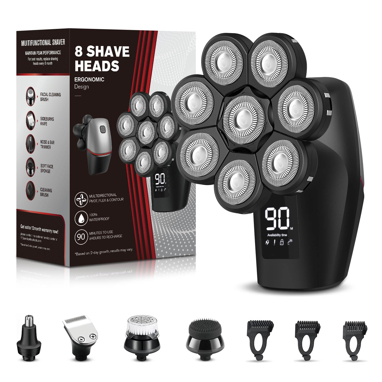 Mr.wintek 8D Head Shaver for Bald Men, 5-in-1 Head Electric Razor with Nose Hair Trimmer, IPX6 Waterproof Wet/Dry Mens Grooming Kit, Anti-Pinch, LED Display, USB Rechargeable