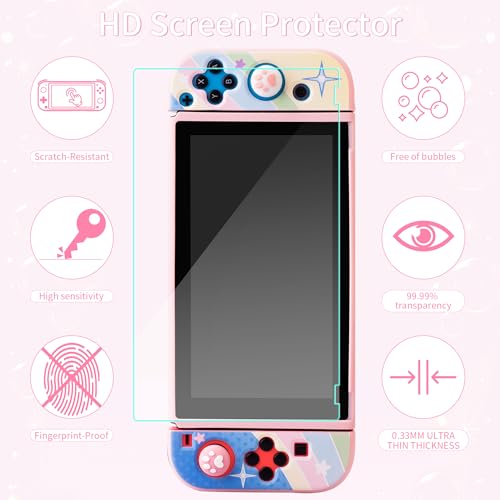 FUNDIARY Pink Carrying Case for Nintendo Switch with Kirby Design, Cute Shockproof Accessories for Switch Console Joycon with Travel Bag, TPU Skin Case, Screen Protector, Shoulder Strap & 2 Thumb Caps