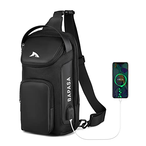 Anti Theft Small Sling Bag for Men, Crossbody Backpack with USB Charging, Waterproof Shoulder Bag with One Strap split in Two(black)