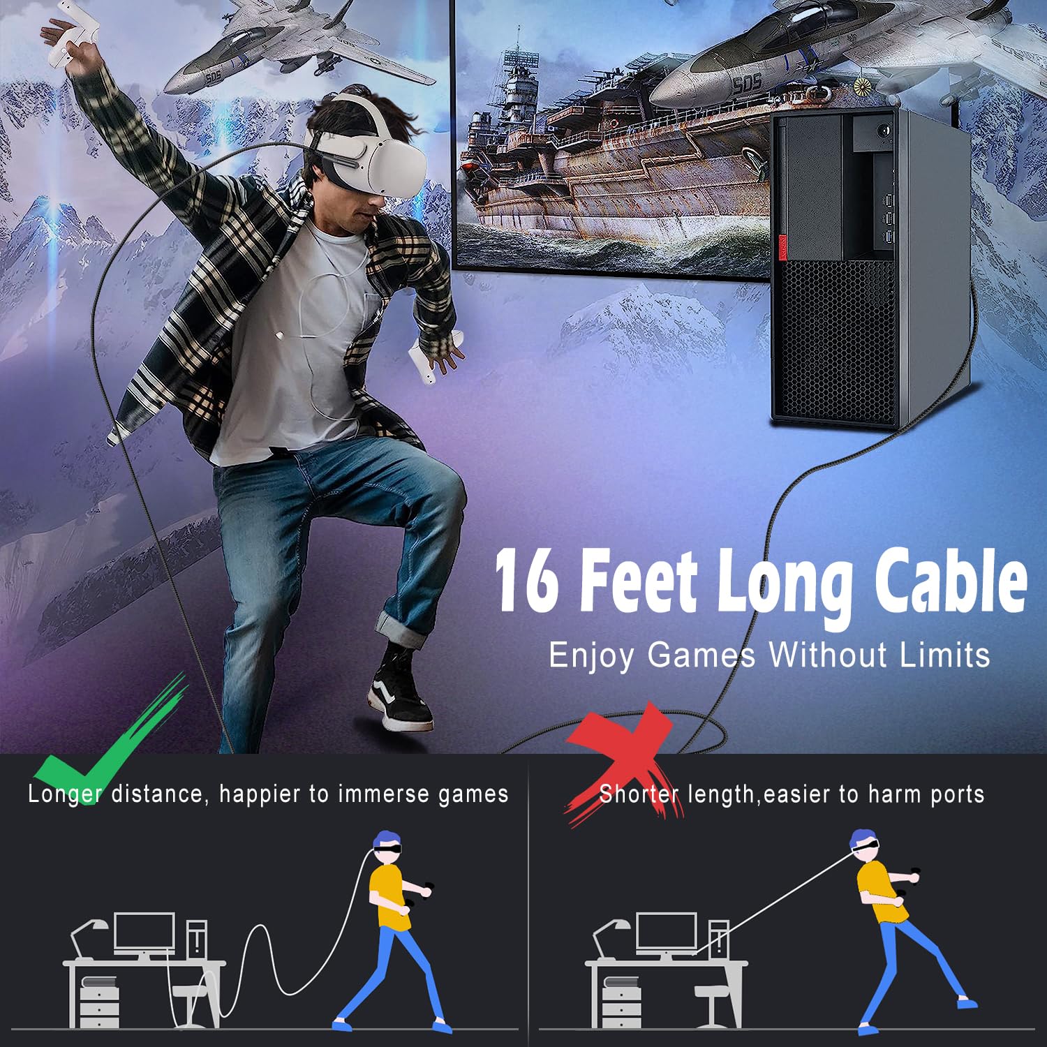 16FT Link Cable Compatible with Oculus/Meta Quest/Pico 4 Accessories and PC/Steam VR,USB 3.2 to USB C Data Transfer Cord, 5Gbps High Speed VR Cable PC for Headset and Gaming PC,Black