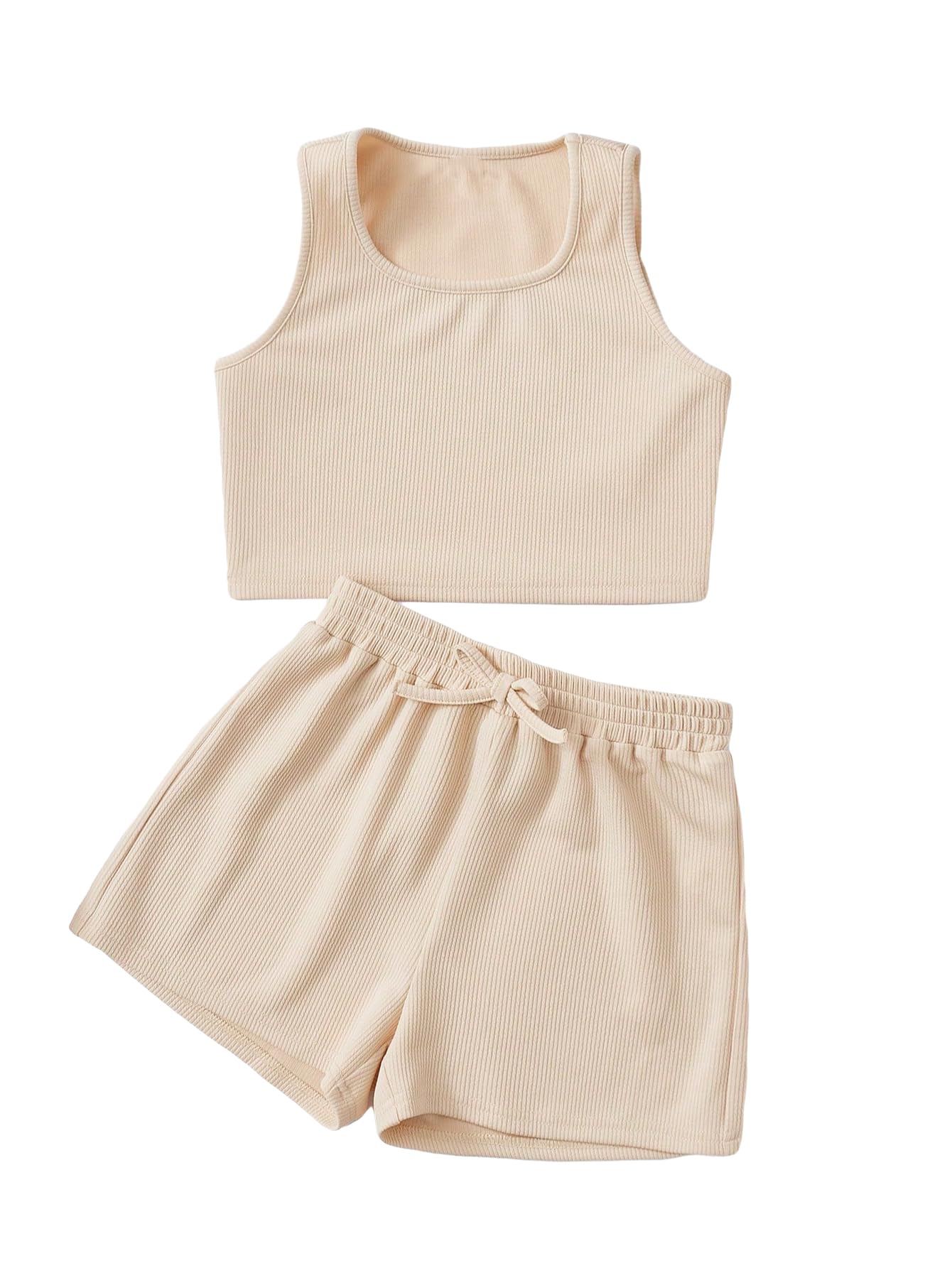 Verdusa Girl's 2 Piece Tracksuit Sets Workout Crop Tank Top and Short Sets Beige 11-12Y