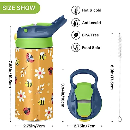 Kcldeci Insulated Water Bottle with Straw for Sports and Travel Cute Bees Ladybug Sports Water Bottles Keep Cold for 24 Hours and Hot