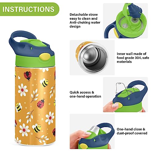Kcldeci Insulated Water Bottle with Straw for Sports and Travel Cute Bees Ladybug Sports Water Bottles Keep Cold for 24 Hours and Hot