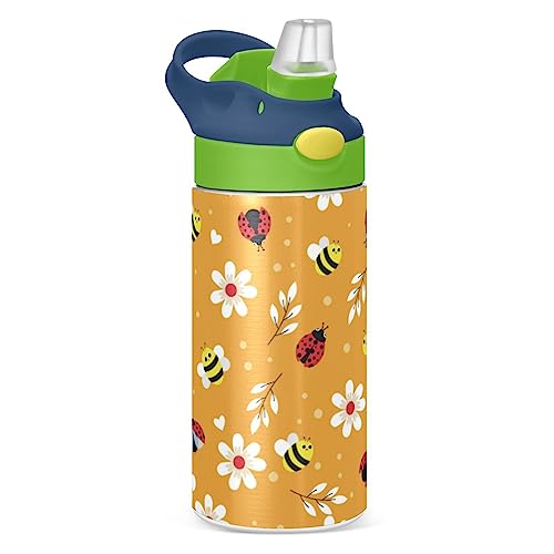 Kcldeci Insulated Water Bottle with Straw for Sports and Travel Cute Bees Ladybug Sports Water Bottles Keep Cold for 24 Hours and Hot