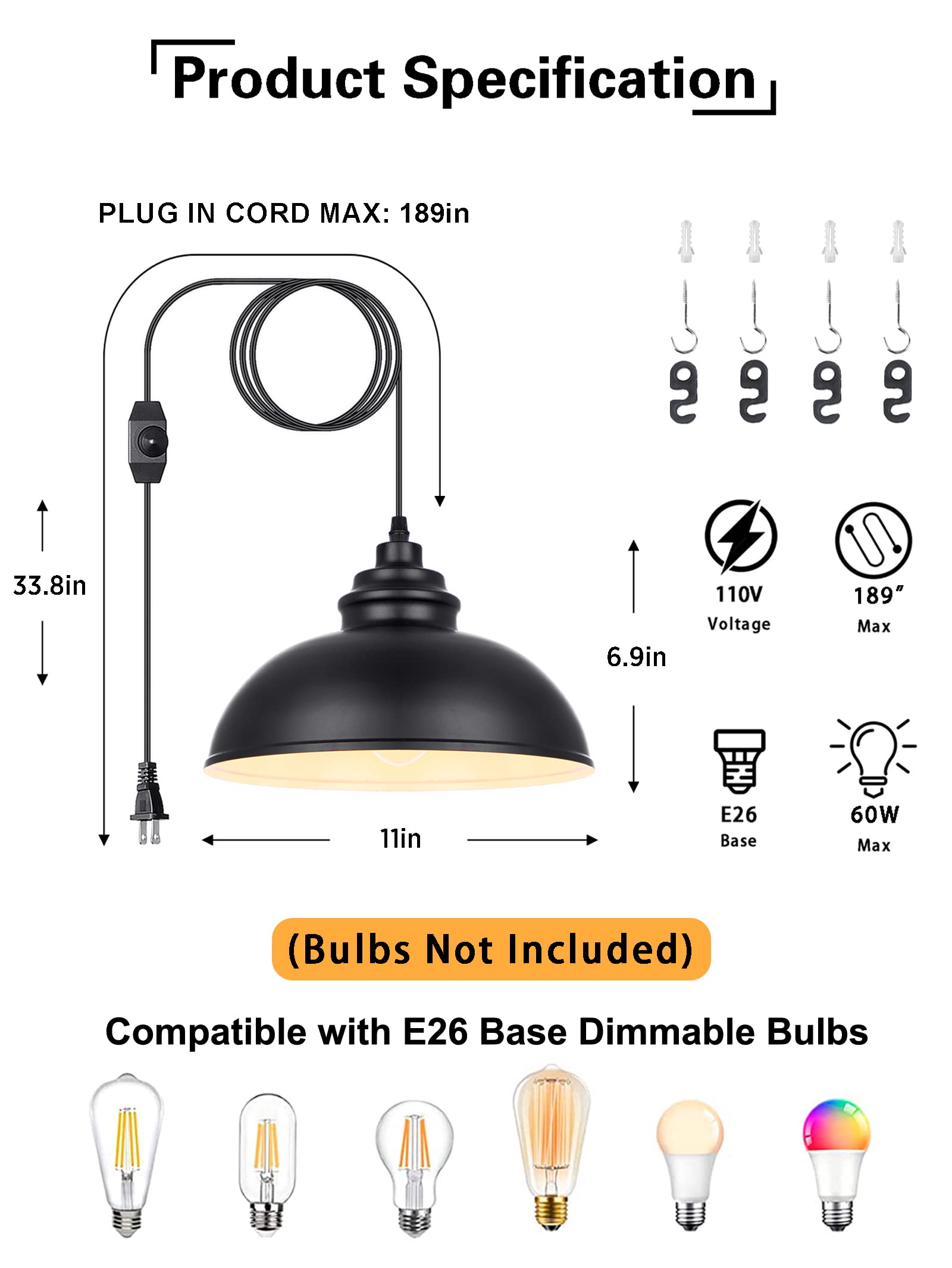 Black Vanity Light Fixtures 2-Light Mason Jar Wall Lamp Farmhouse Wall Sconces, Plug in Pendant Lighting with Cord 2 Pack Black Hanging Lamp with Plug in Cord 15.8ft and Dimmer Switch Bundled Goods