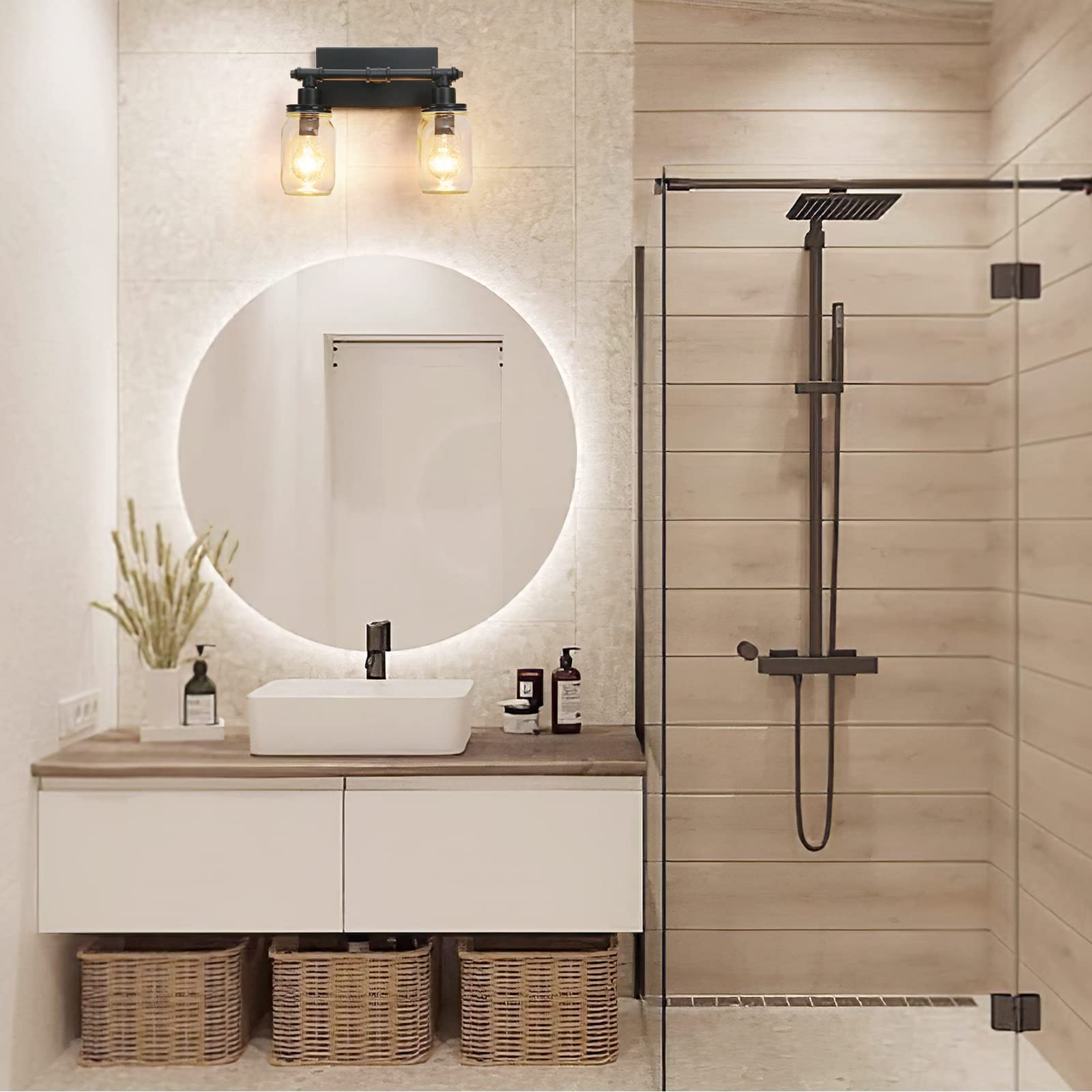 Black Vanity Light Fixtures 2-Light Mason Jar Wall Lamp Farmhouse Wall Sconces, Plug in Pendant Lighting with Cord 2 Pack Black Hanging Lamp with Plug in Cord 15.8ft and Dimmer Switch Bundled Goods