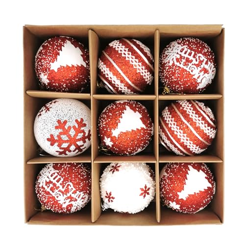 Christmas Ball Ornaments Set, 9ct 80mm Elegant White and Red Assorted Xmas Tree Ball Ornaments, Shatterproof Christmas Tree Hanging Ornaments for Xmas Decoration