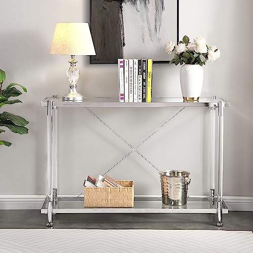 Sybrioka Glass Console Tables for Entryway, Acrylic Chrome Silver Sofa Side Table Metal Leg, Long Narrow Entryway Table for Small Space Hallway Living Room (Silver, Entryway Table)