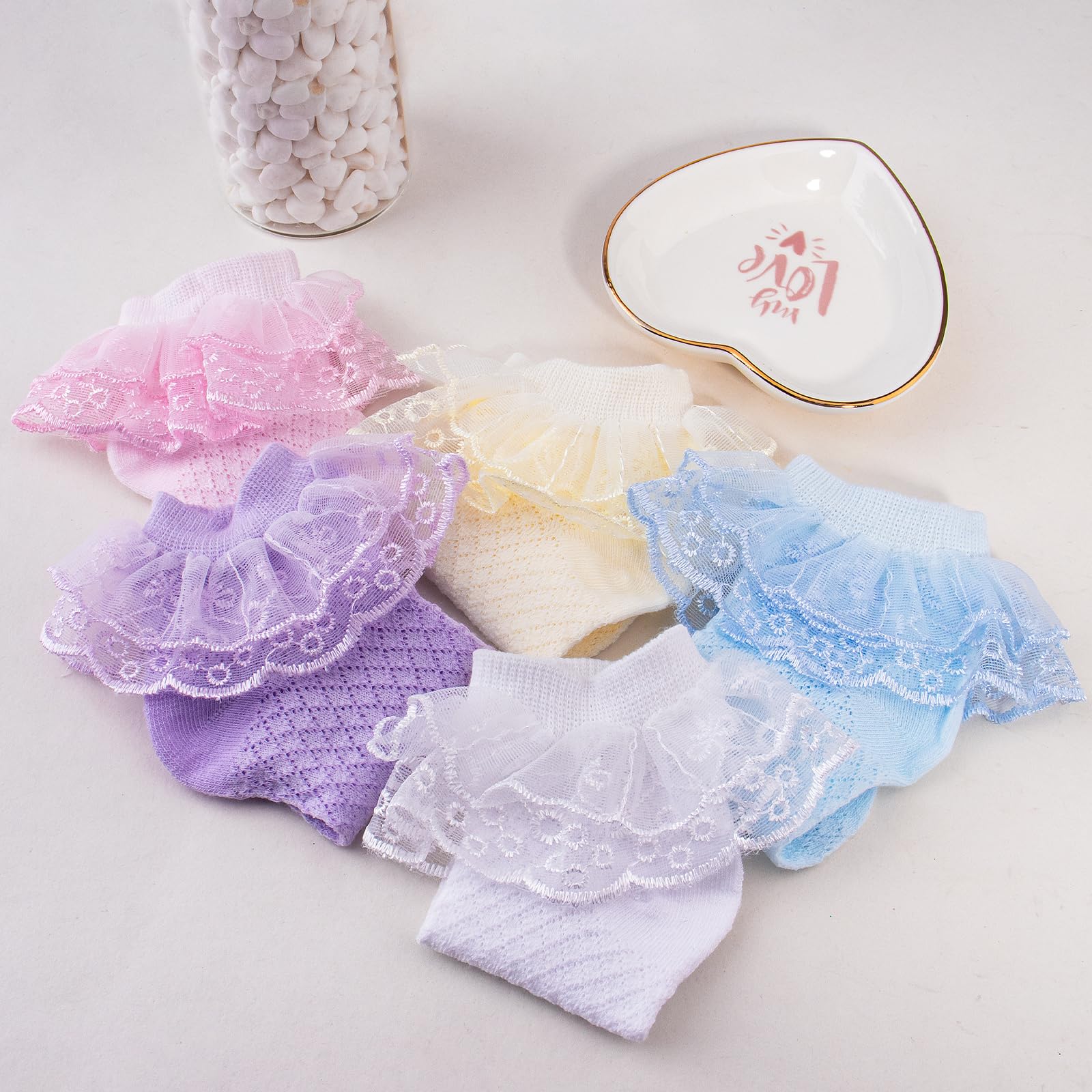 Looching 5 Pairs Toddler Girls Ruffle Lace Socks Cotton Baby Kids Mesh Thin Frilly Ankle Princess Dress Sock 1-9T Multicolor