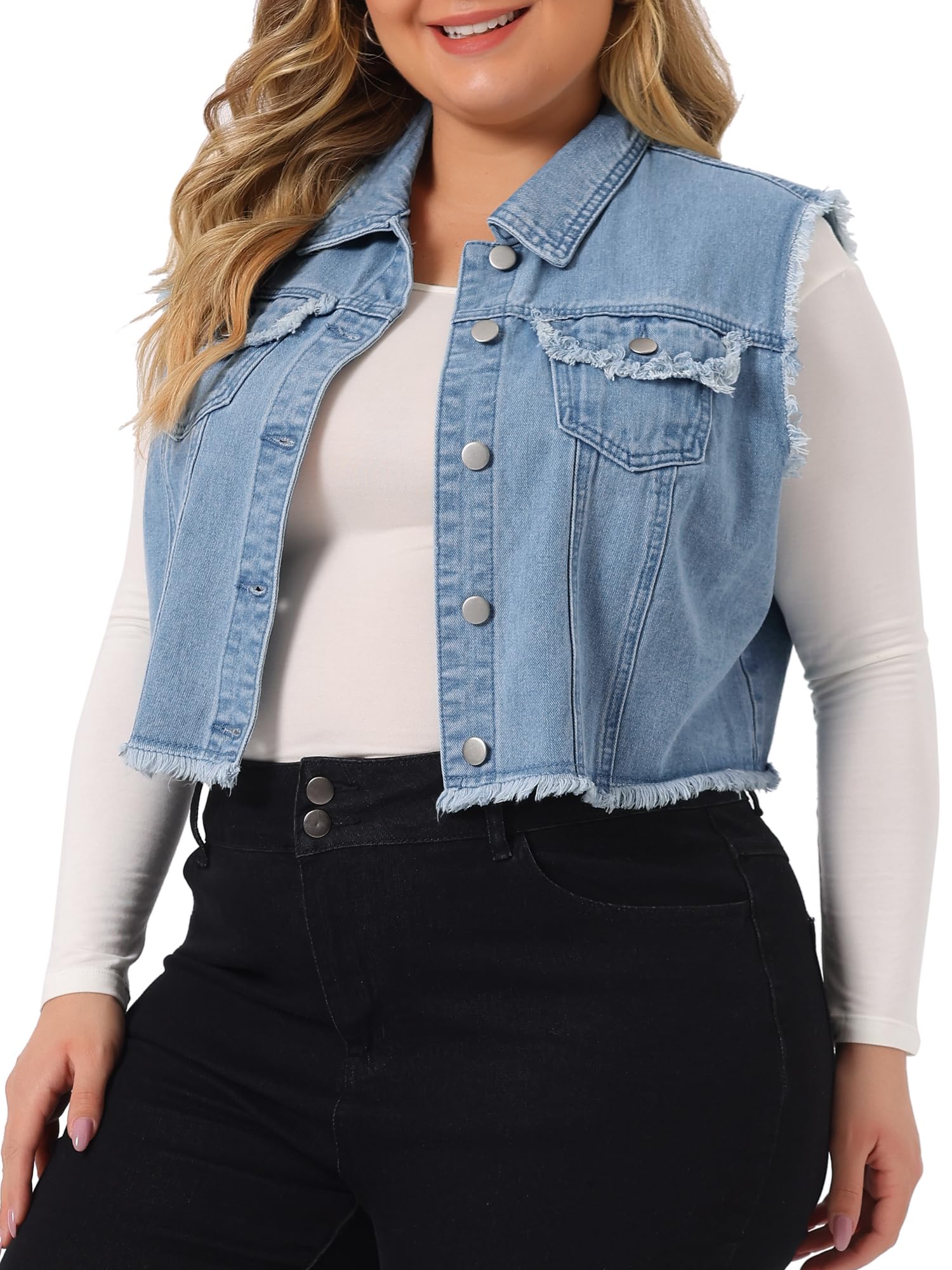 Agnes Orinda Plus Size Denim Jackets for Women Button Down Distressed Sleeveless Jean Vest Jacket 4X Light Blue