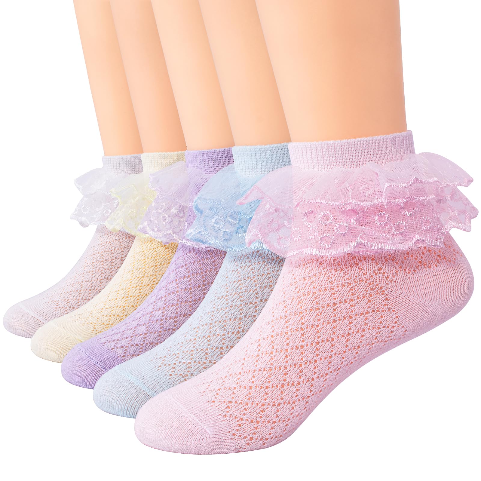 Looching 5 Pairs Toddler Girls Ruffle Lace Socks Cotton Baby Kids Mesh Thin Frilly Ankle Princess Dress Sock 1-9T Multicolor