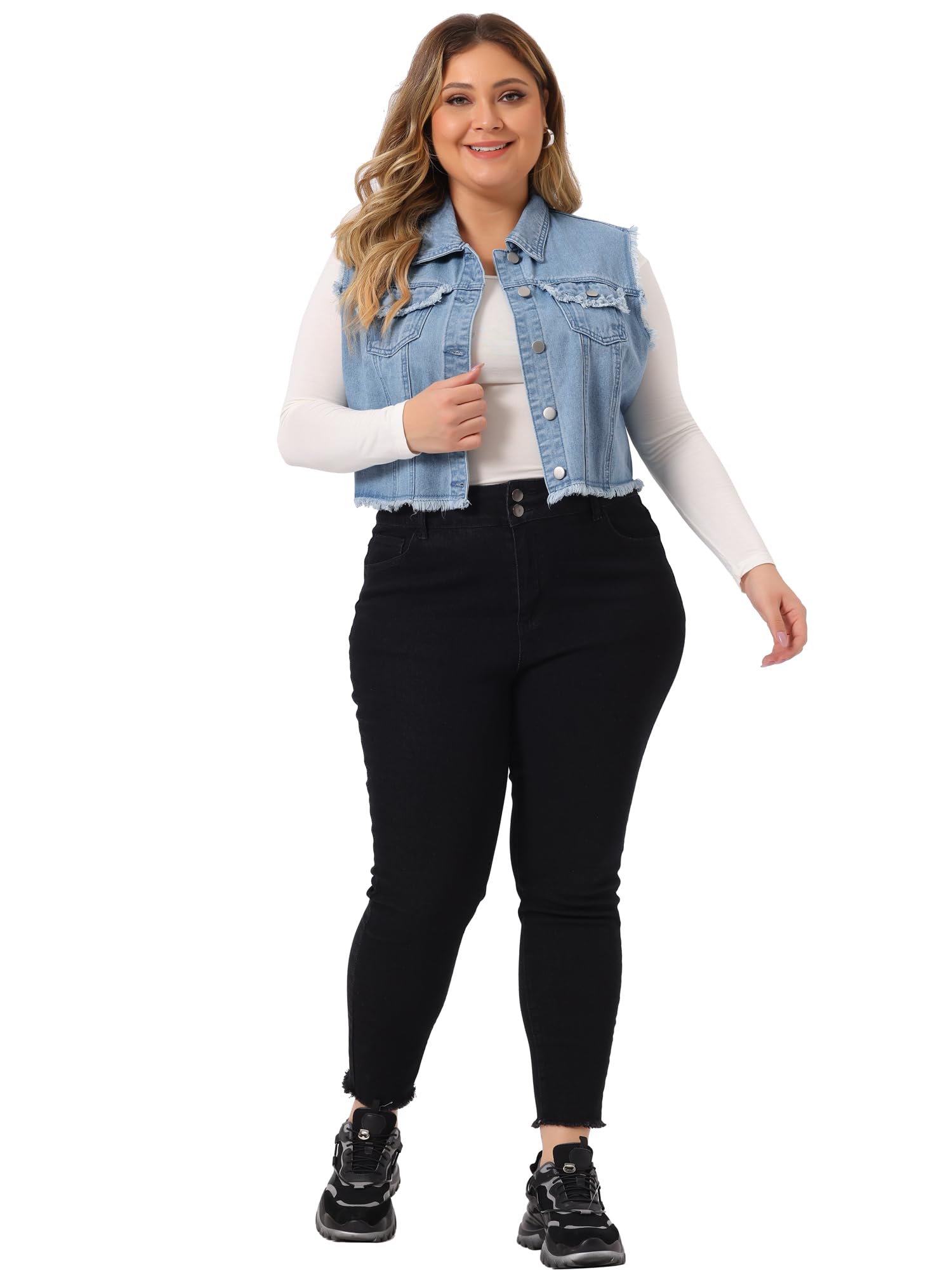 Agnes Orinda Plus Size Denim Jackets for Women Button Down Distressed Sleeveless Jean Vest Jacket 4X Light Blue